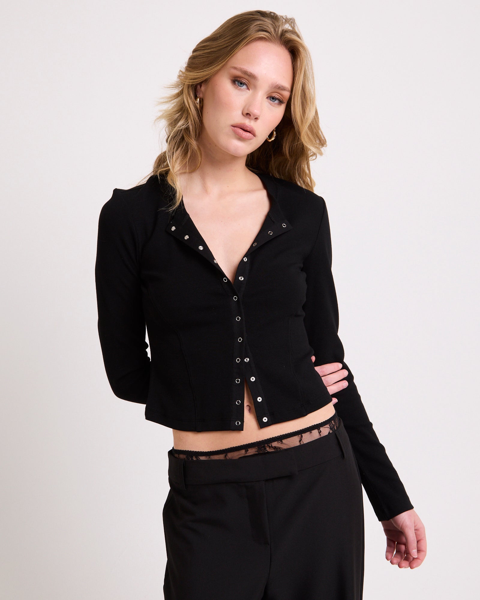 Rib Snap Front Long Sleeve Top – General Pants Co.