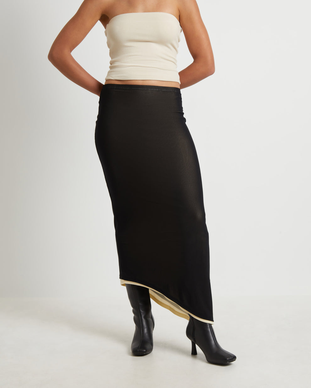 Amerie Asymmetric Hem Contrast Mesh Midi Skirt in Black – General Pants Co.