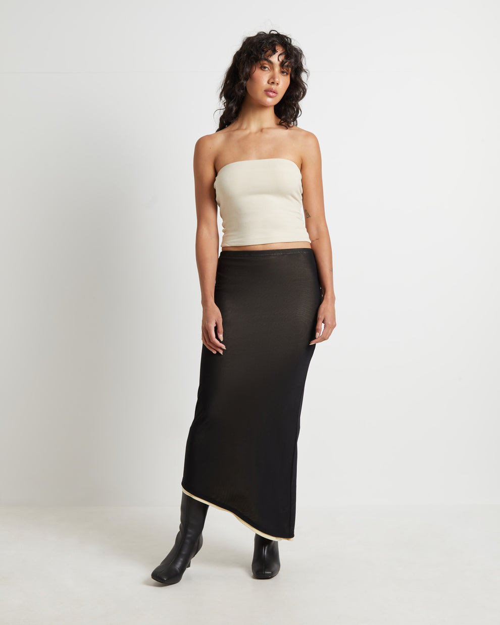 Amerie Asymmetric Hem Contrast Mesh Midi Skirt in Black – General Pants Co.